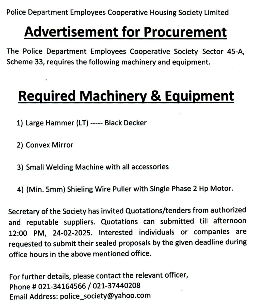 MACHINERY AND EQUIPMENT (ENG) – Police Deptt: Employees Co-operative ...